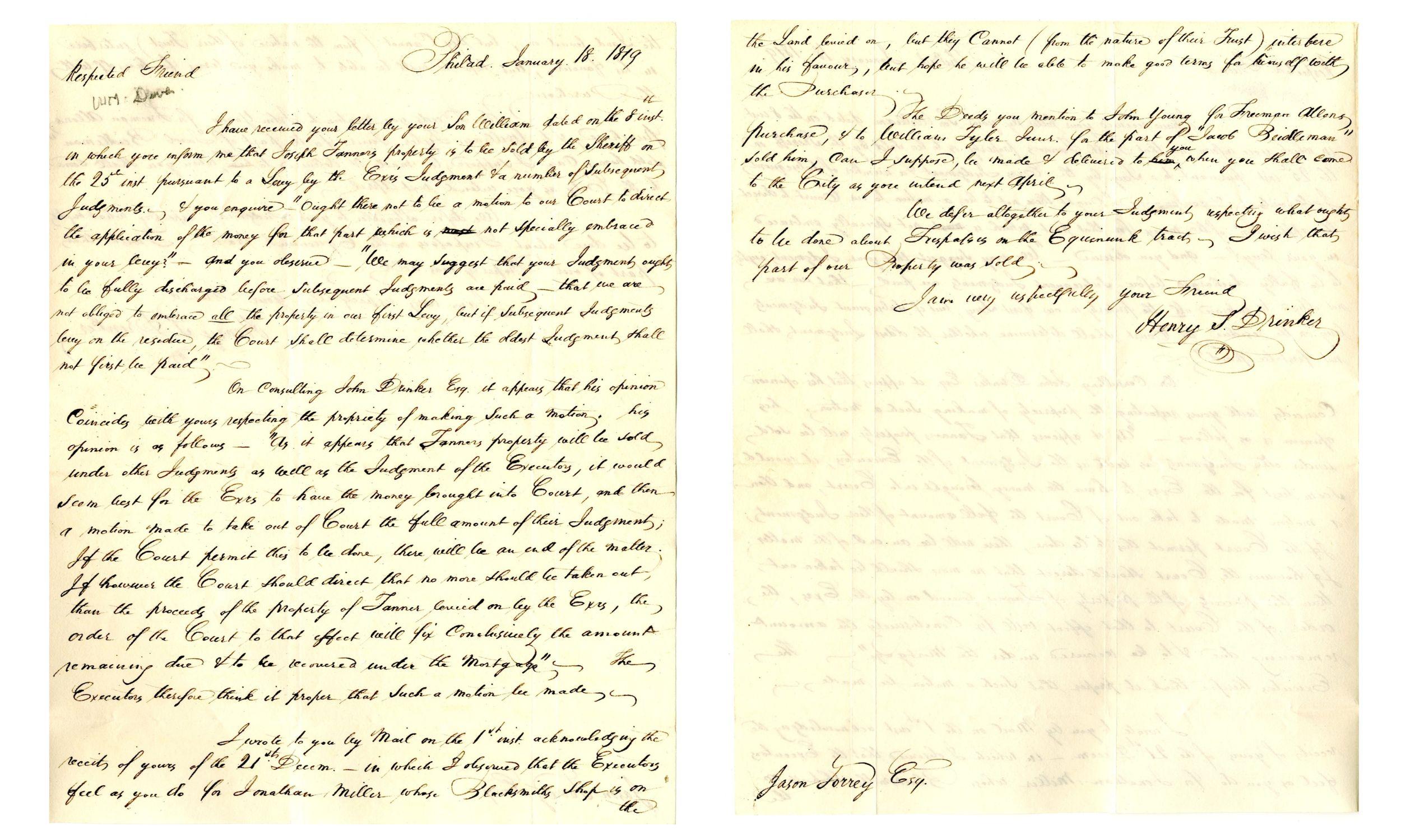 1819 Letter from Henry Drinker | Robert C. Williams Museum of Papermaking